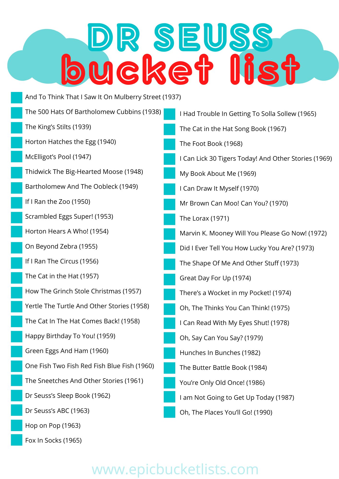 Dr Seuss Bucket List (Free Printable List Of Dr Seuss Books)